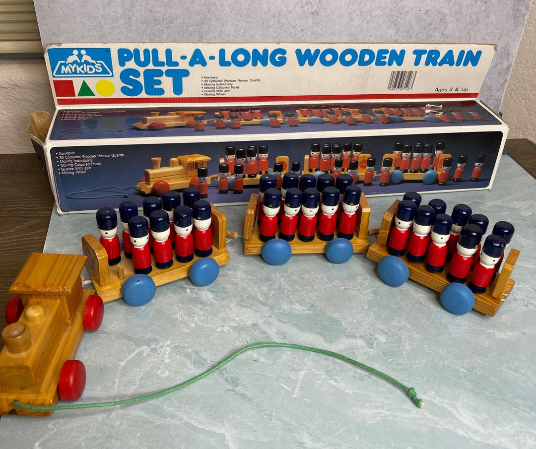 Vintage 1986 Mykids Toys Pull Along Wooden Soldier Train Set in Box ...