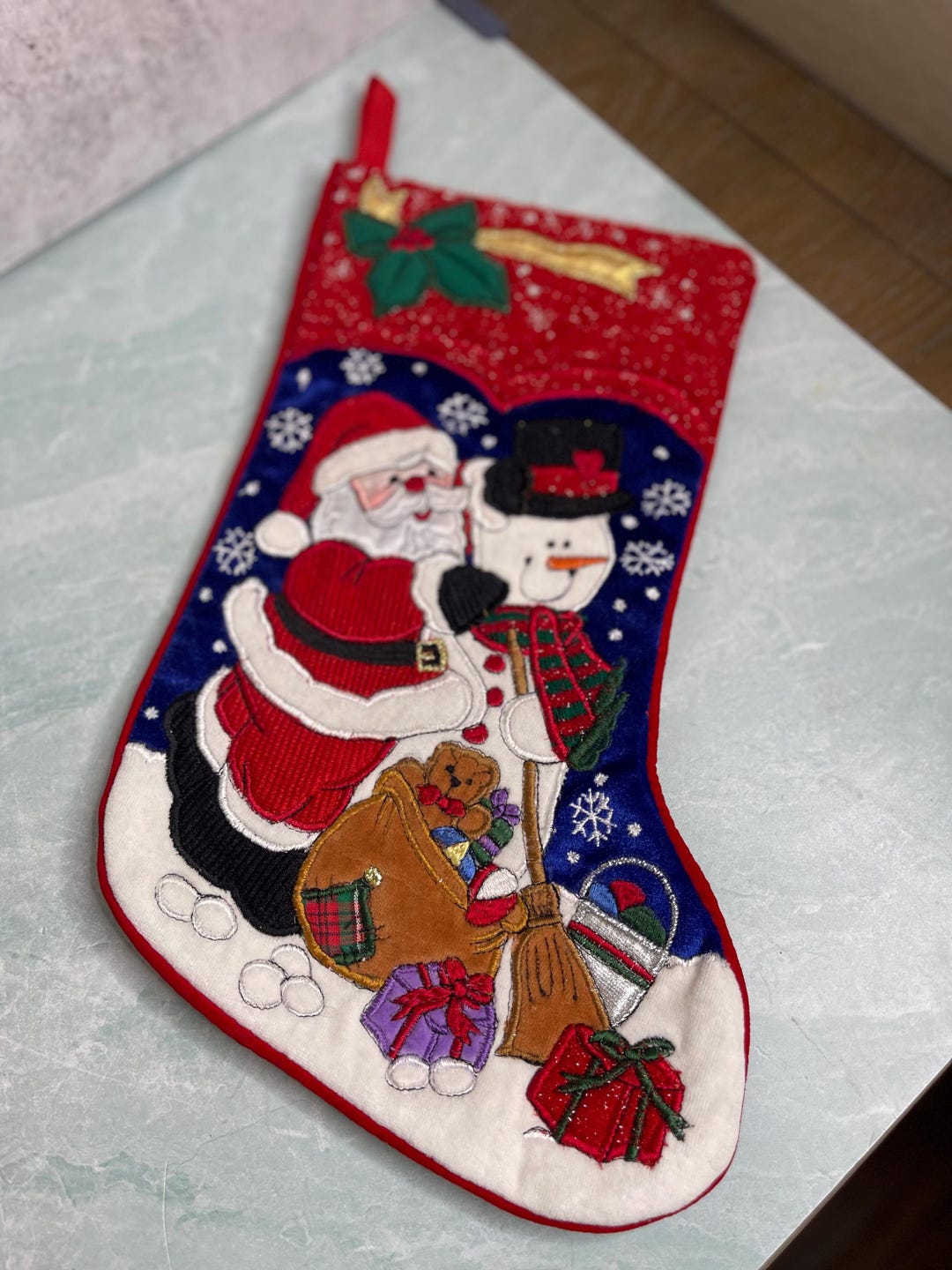 Vintage Prima Creations Santa Snowman Christmas Applique Stocking 15 ...