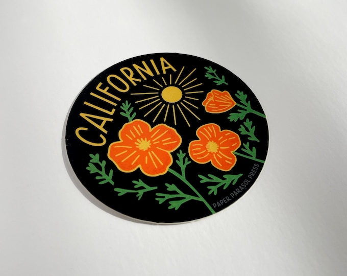 California Poppy Sun Sticker in Black, Decal for Water Bottle ...