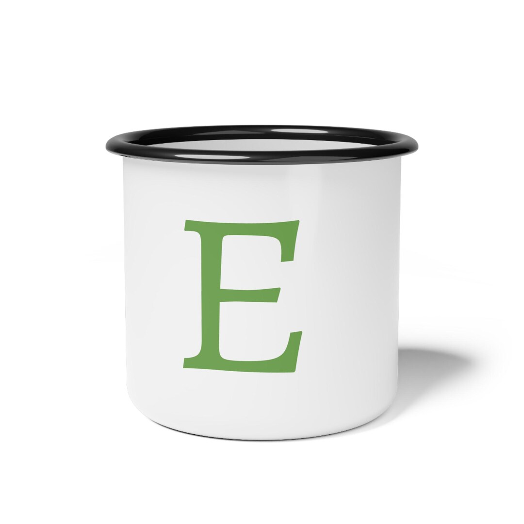 Enamel Mug, Custom Initial Green Font Personalized Coffee Cup, Rustic ...