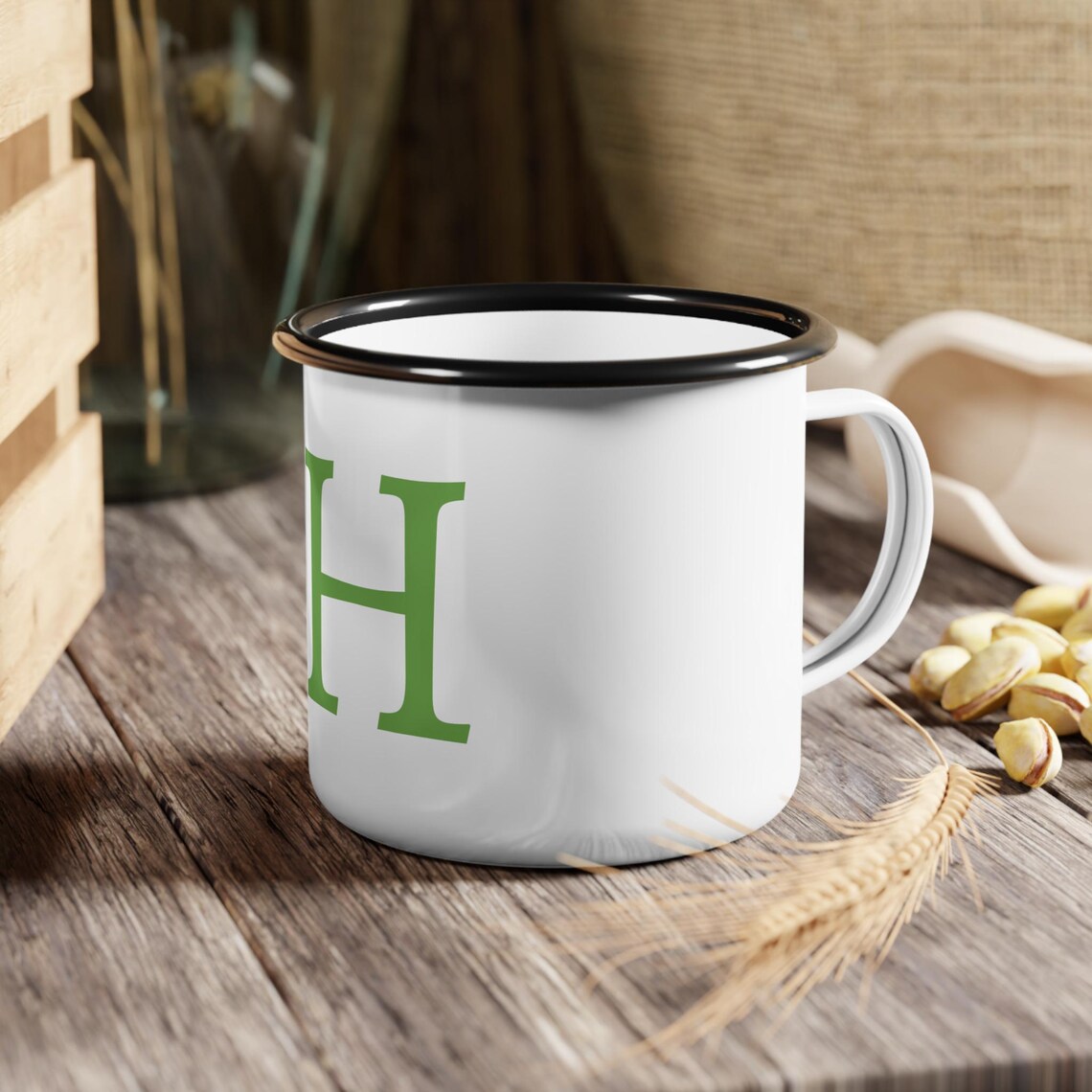 Enamel Mug, Custom Initial Green Font Personalized Coffee Cup, Rustic ...