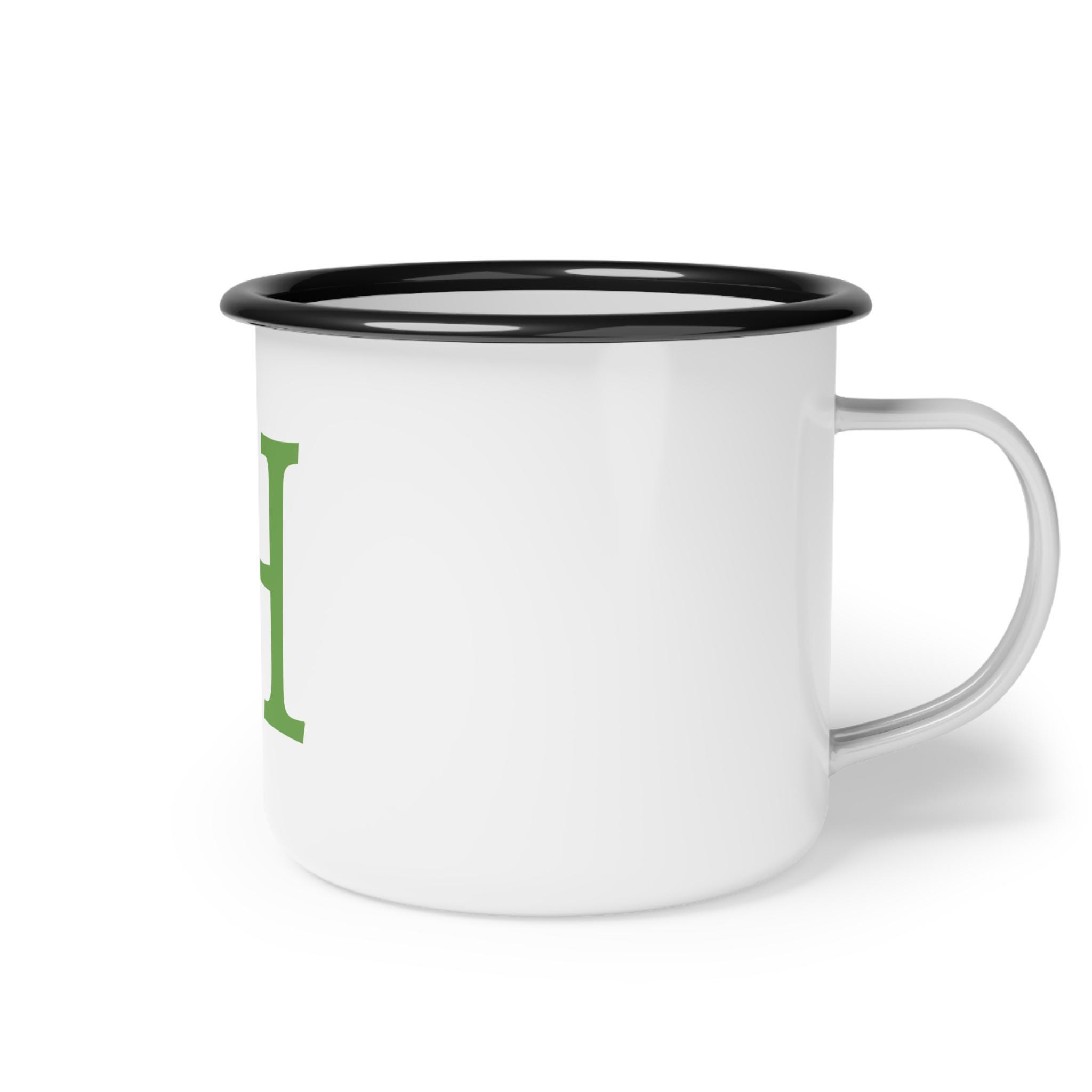 Enamel Mug, Custom Initial Green Font Personalized Coffee Cup, Rustic ...