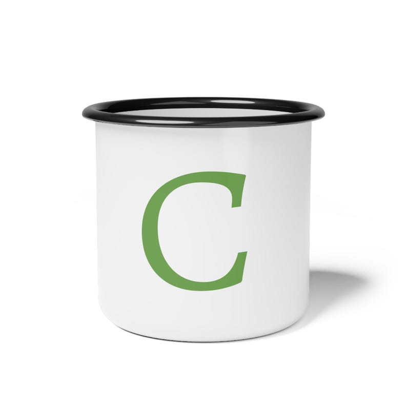 Enamel Mug, Custom Initial Green Font Personalized Coffee Cup, Rustic ...