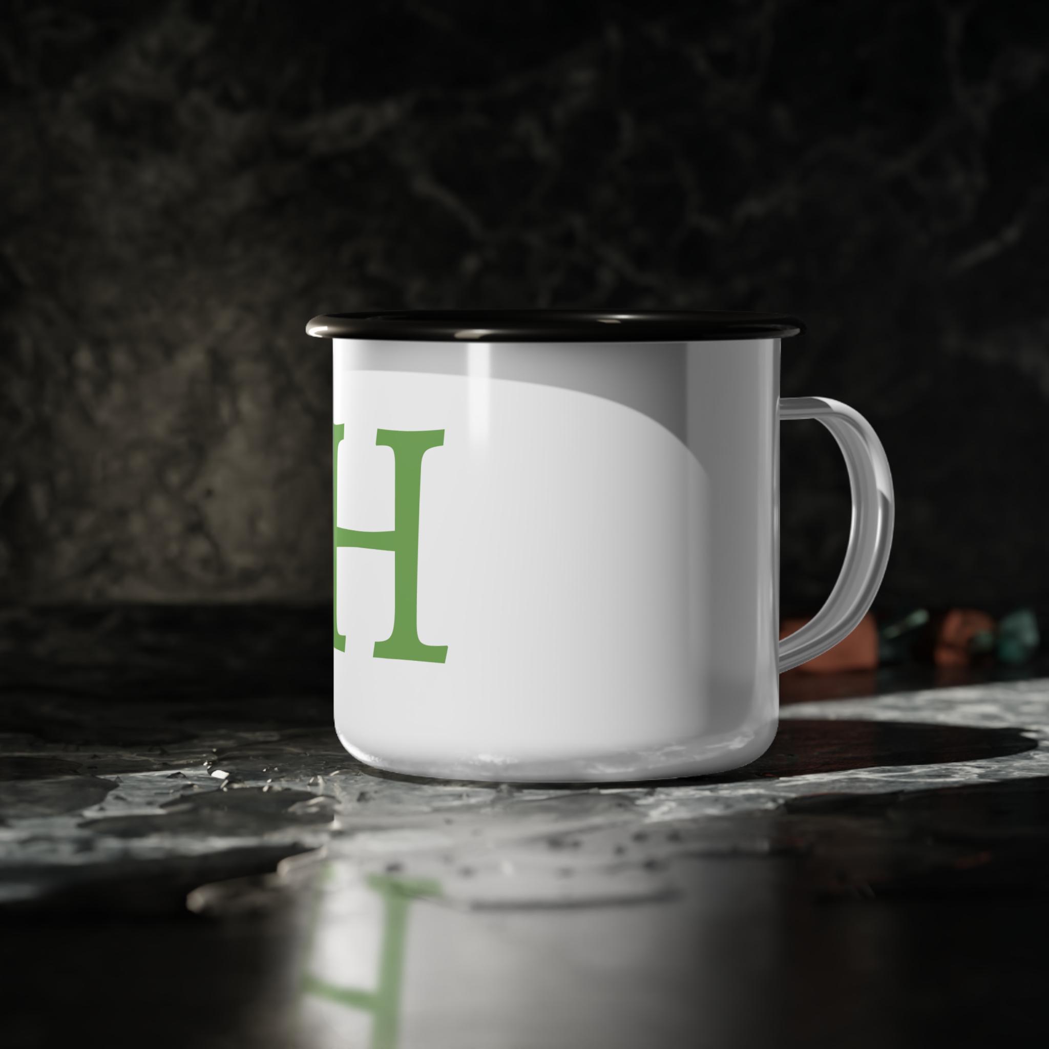Enamel Mug, Custom Initial Green Font Personalized Coffee Cup, Rustic ...