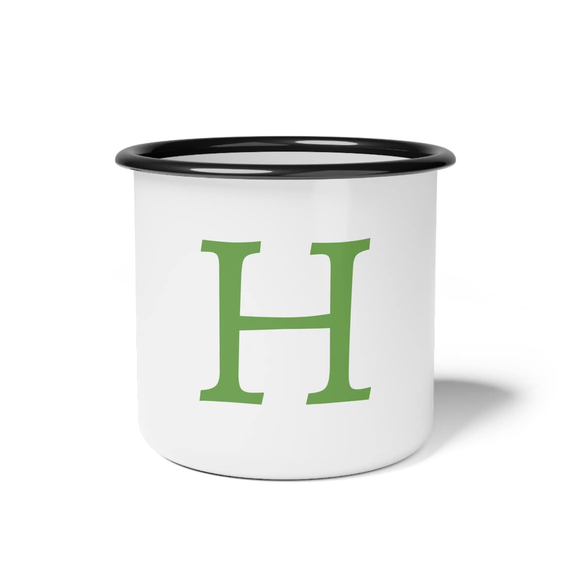 Enamel Mug, Custom Initial Green Font Personalized Coffee Cup, Rustic ...