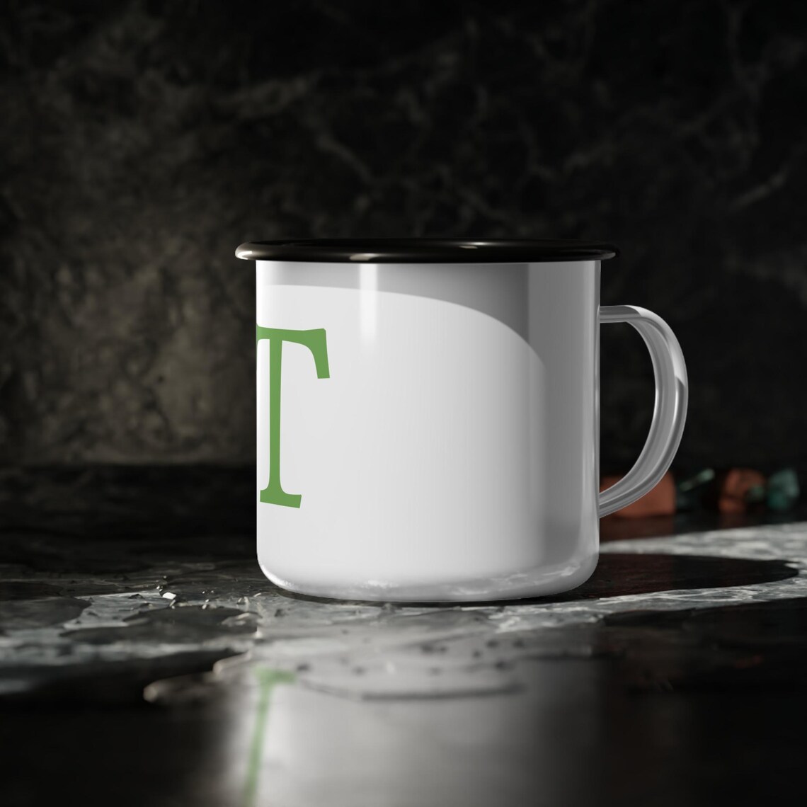 Enamel Mug, Custom Initial Green Font Personalized Coffee Cup, Rustic ...