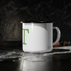 Enamel Mug, Custom Initial Green Font Personalized Coffee Cup, Rustic ...