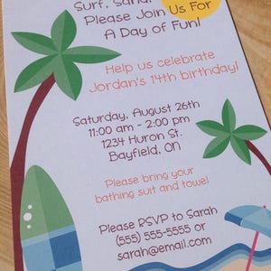 Surf, Summer, Sand, Beach, Birthday Party Invitation, 5"x7" Printable ...
