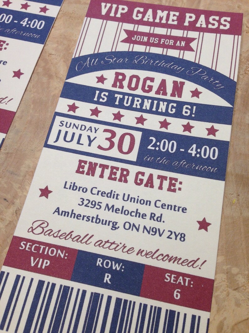 Baseball Ticket Birthday Invitation: Vintage VIP Game Pass (printable ...