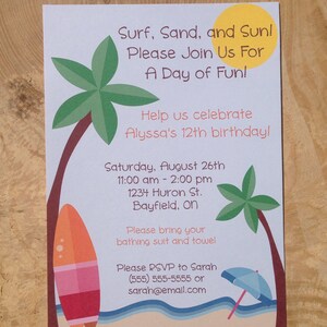 Surf, Summer, Sand, Beach, Birthday Party Invitation, 5"x7" Printable ...