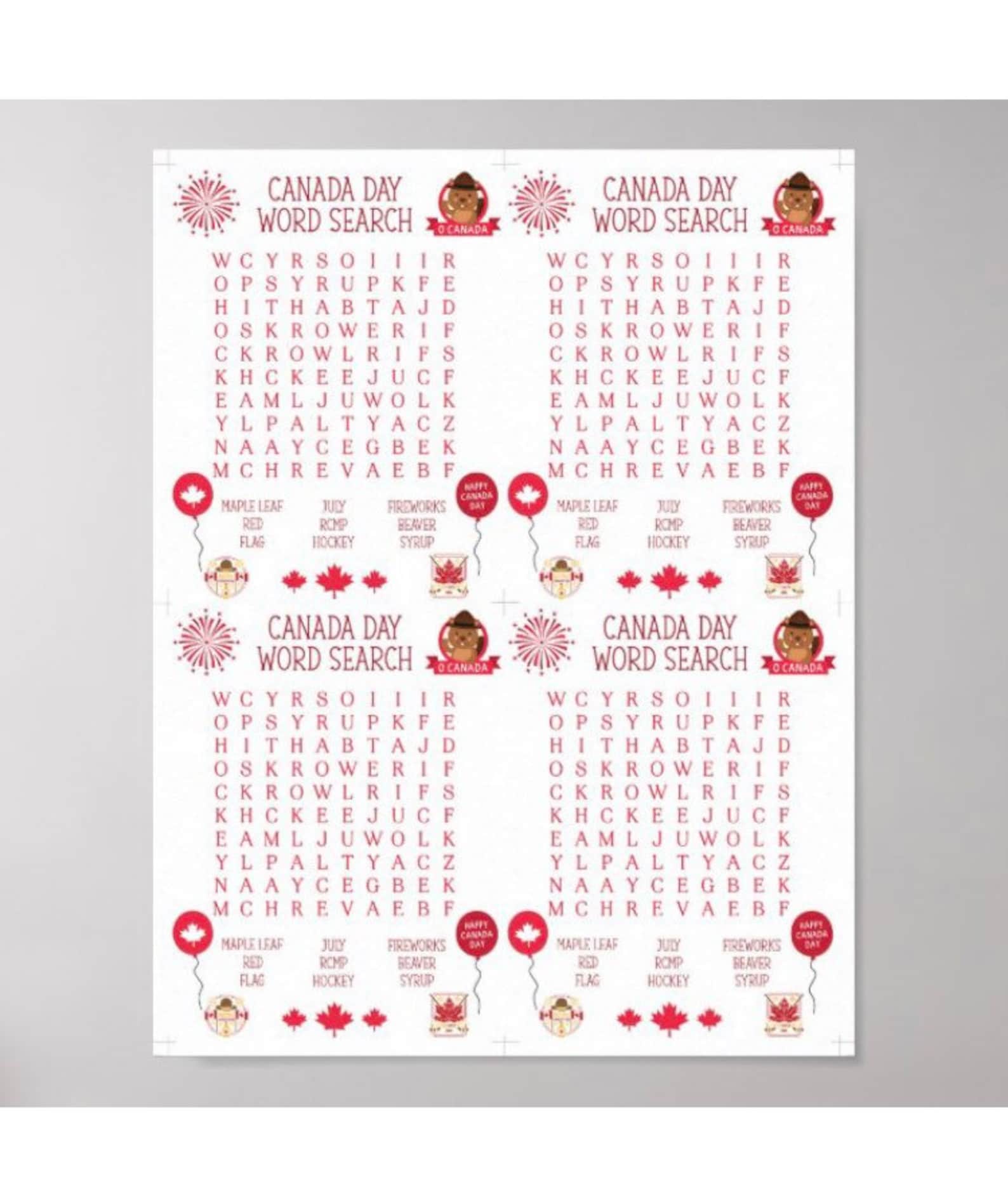 Canada Day Themed Word Search Printable Game,kids,instant Download ...