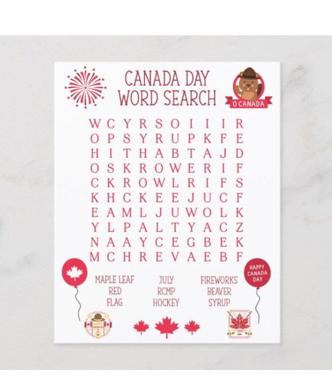 Canada Day Themed Word Search Printable Game,kids,instant Download ...