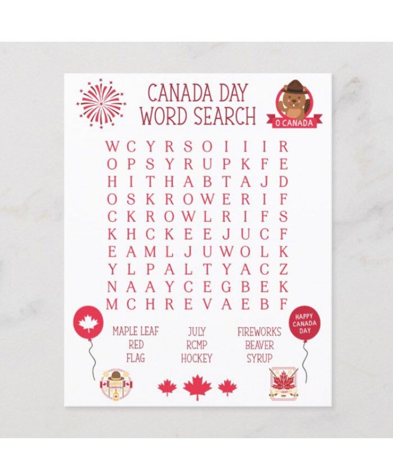 Canada Day Themed Word Search Printable Game,kids,instant Download ...