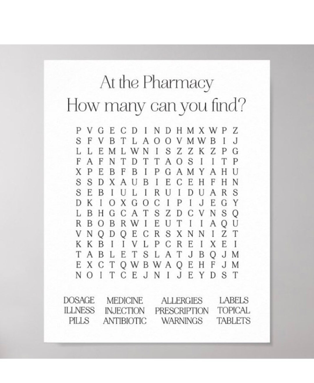 At the Pharmacy Word Search 8"x10" Printable, Waiting Room, Wall Decor ...