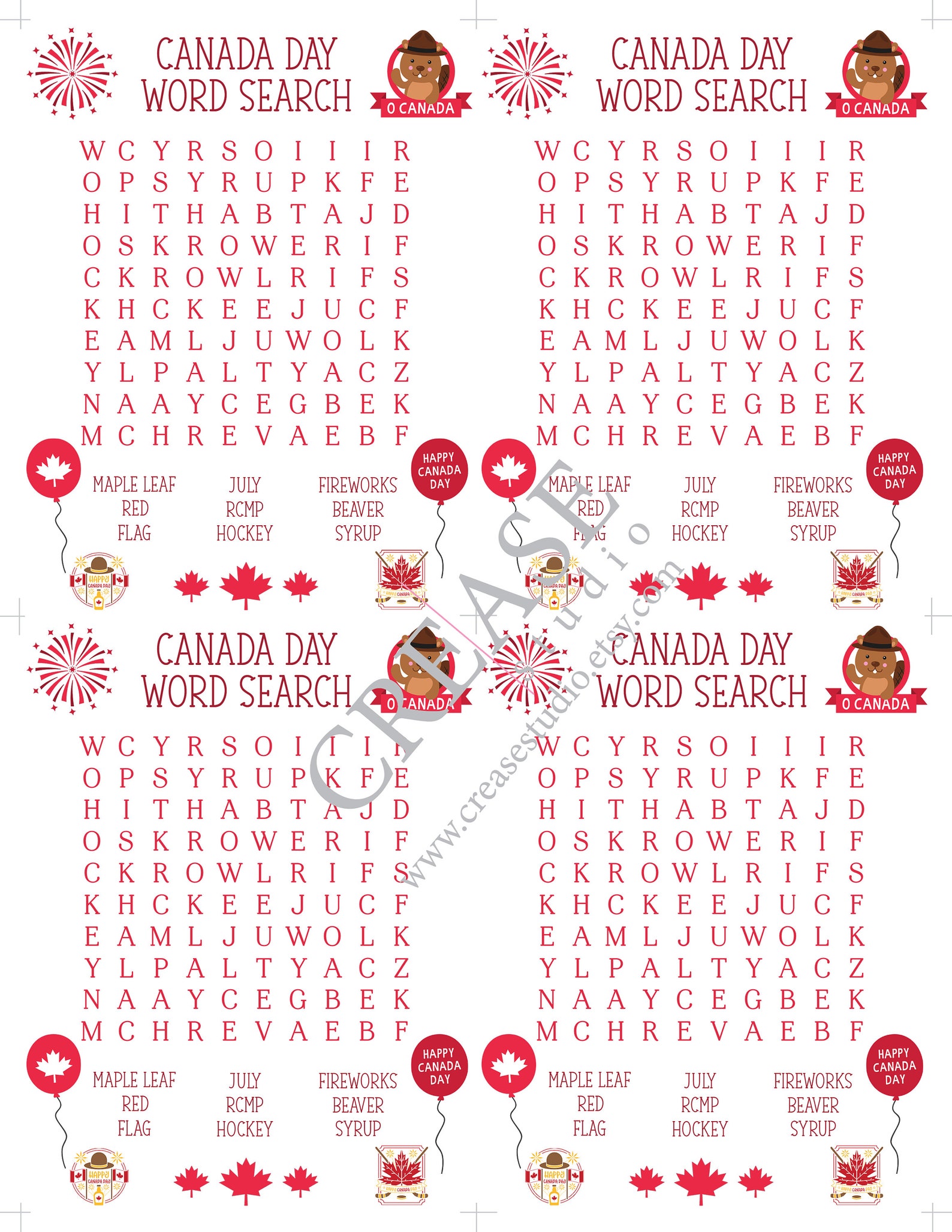 Canada Day Themed Word Search Printable Game,kids,instant Download ...