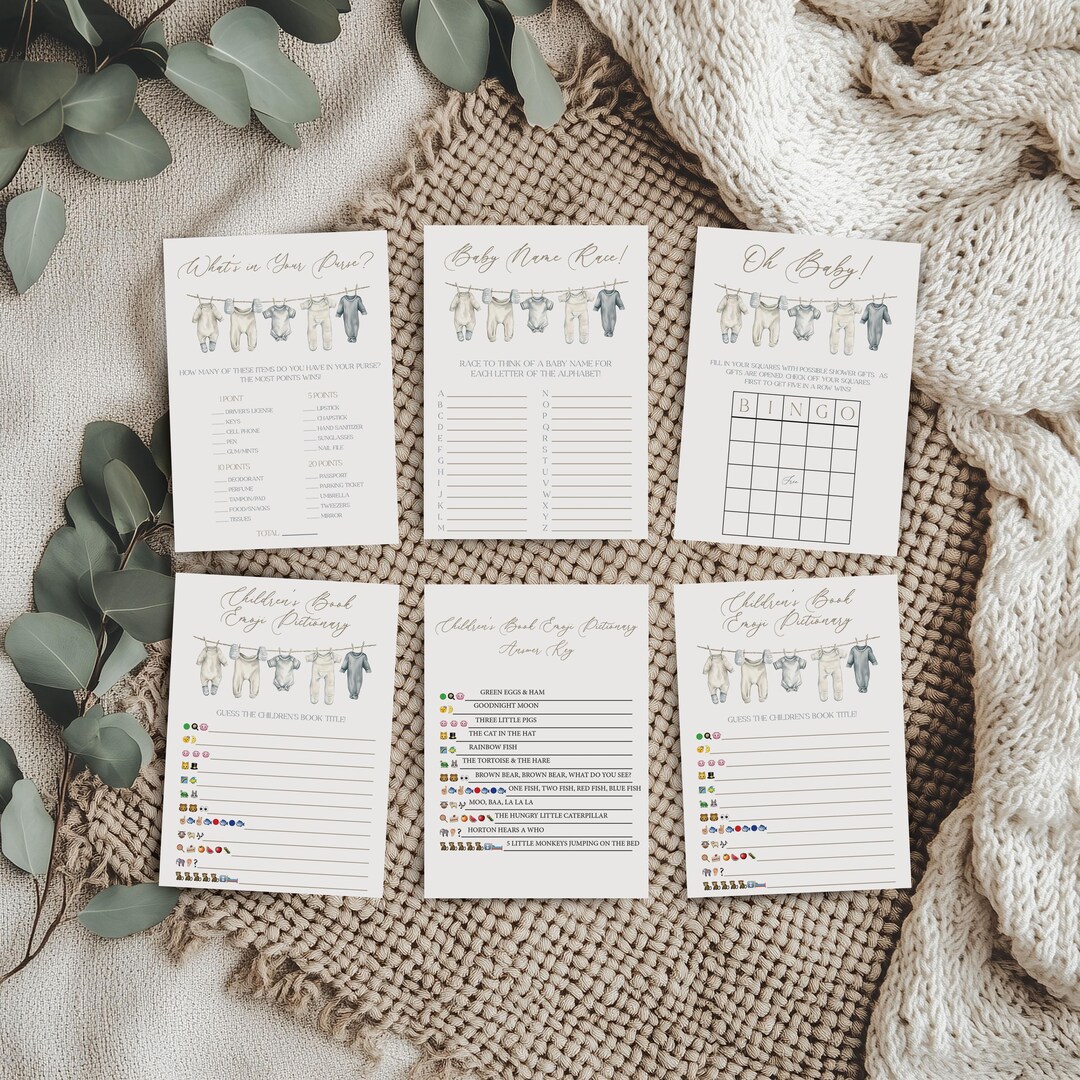 Oh Baby! Boho Baby Shower Game Bundle, Blue Layette Clothesline Theme ...