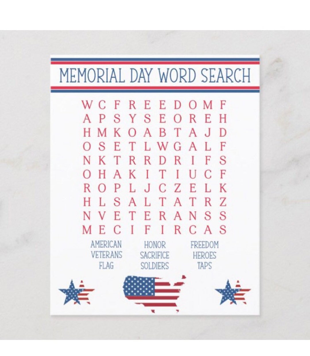 Memorial Day Themed Word Search Printable Game,kids, Instant Download ...