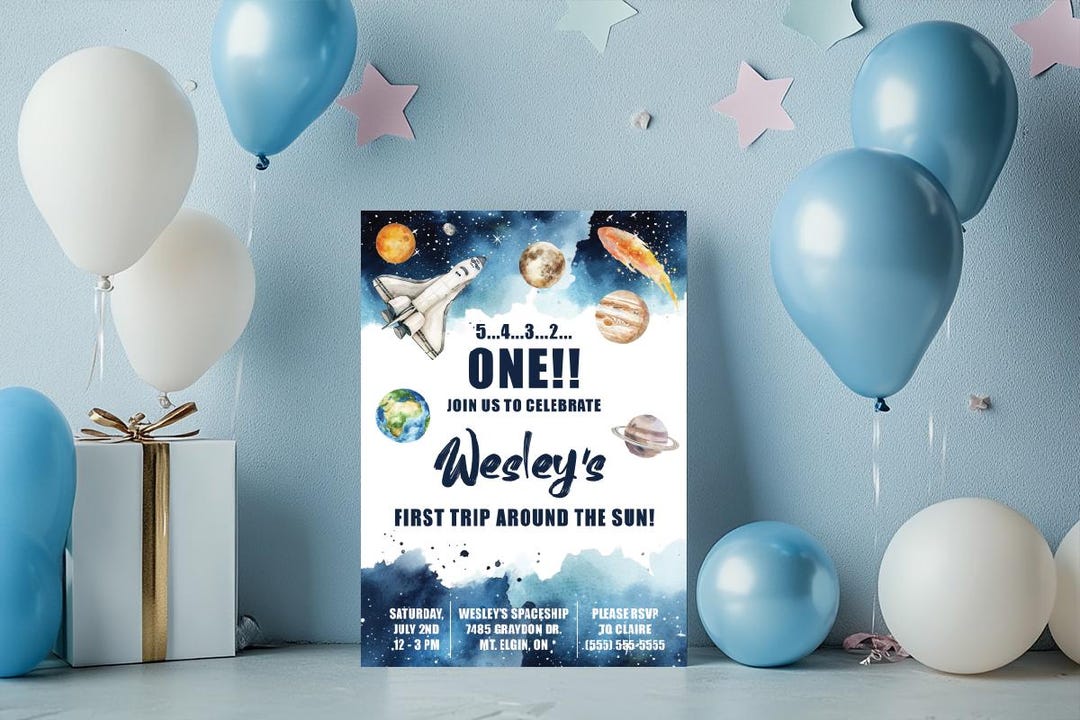 First Trip Around the Sun, Astronaut Themed Birthday Party Invitation ...