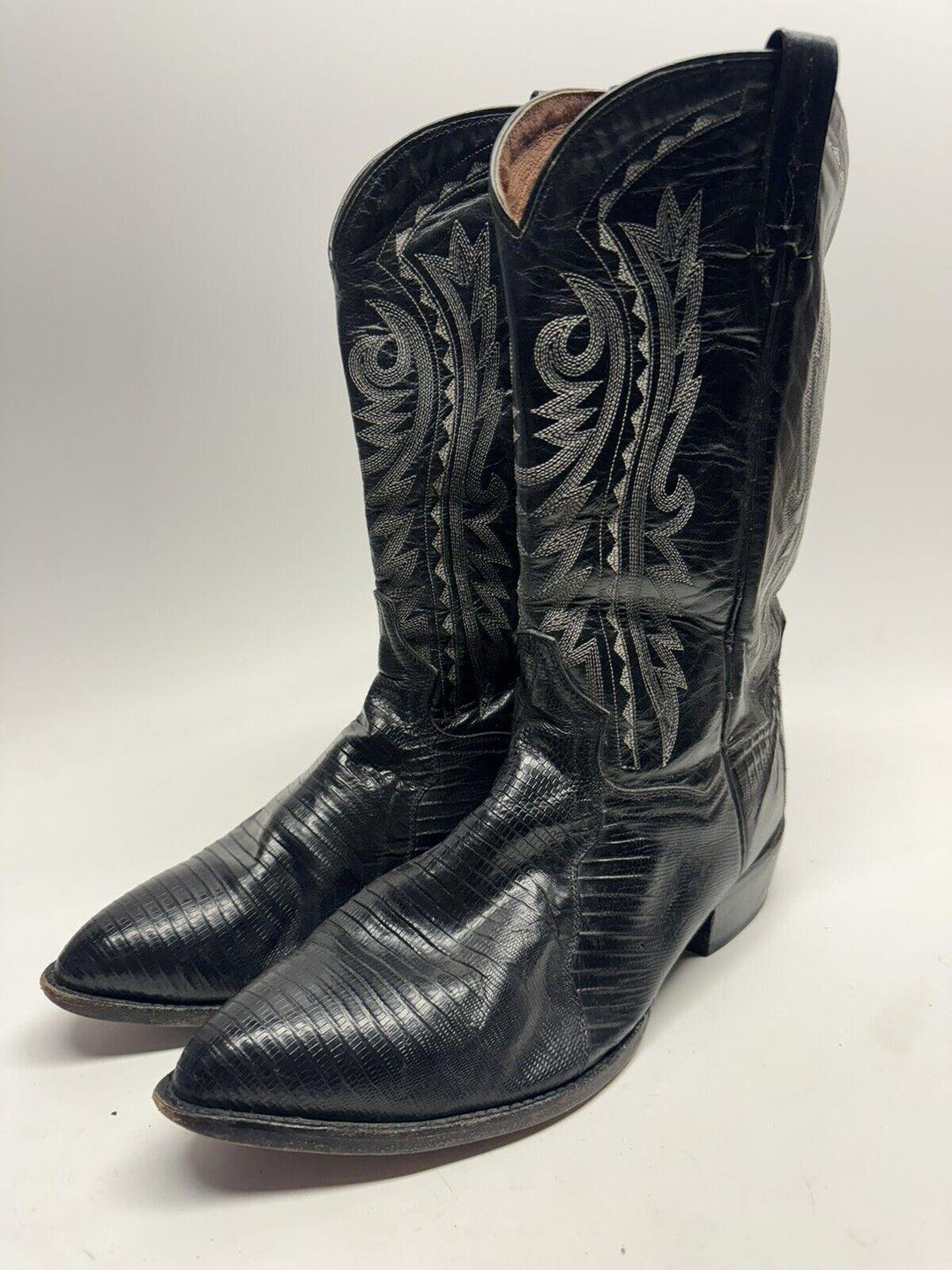 Vintage Dan Post Exotic Lizard/leather Cowboy Western Black Boots 2350 ...