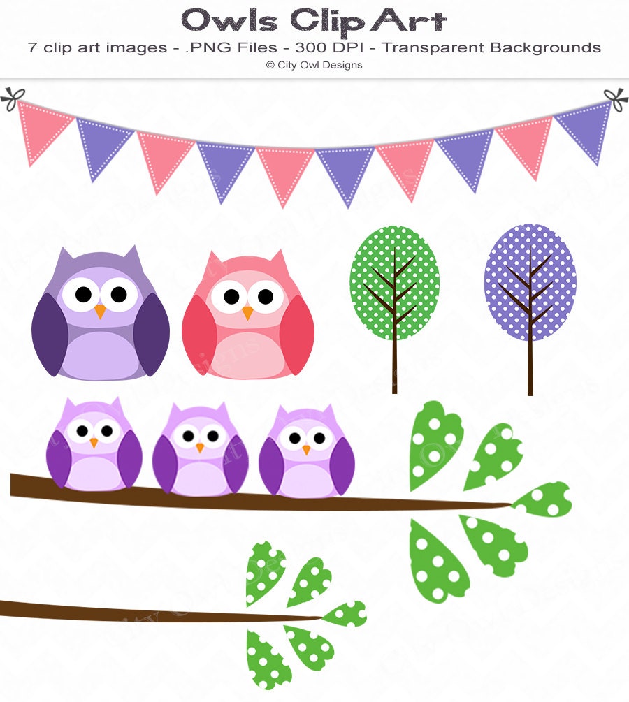 Owls Clip Art Birds Bunting Trees Digital Scrapbooking | Etsy