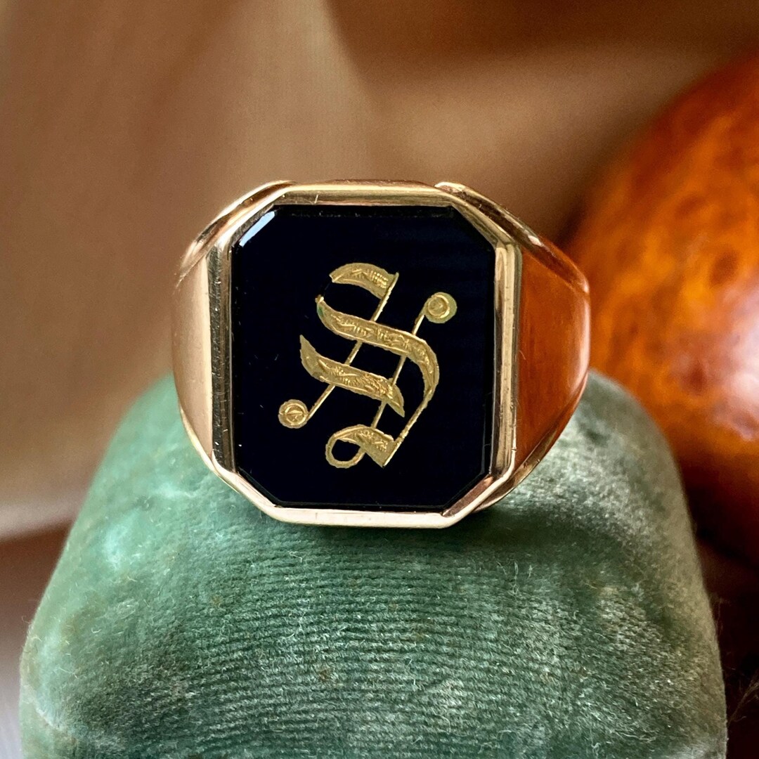 Vintage 10K Gold Signet Letter Onyx Statement Ring - Details Under ...
