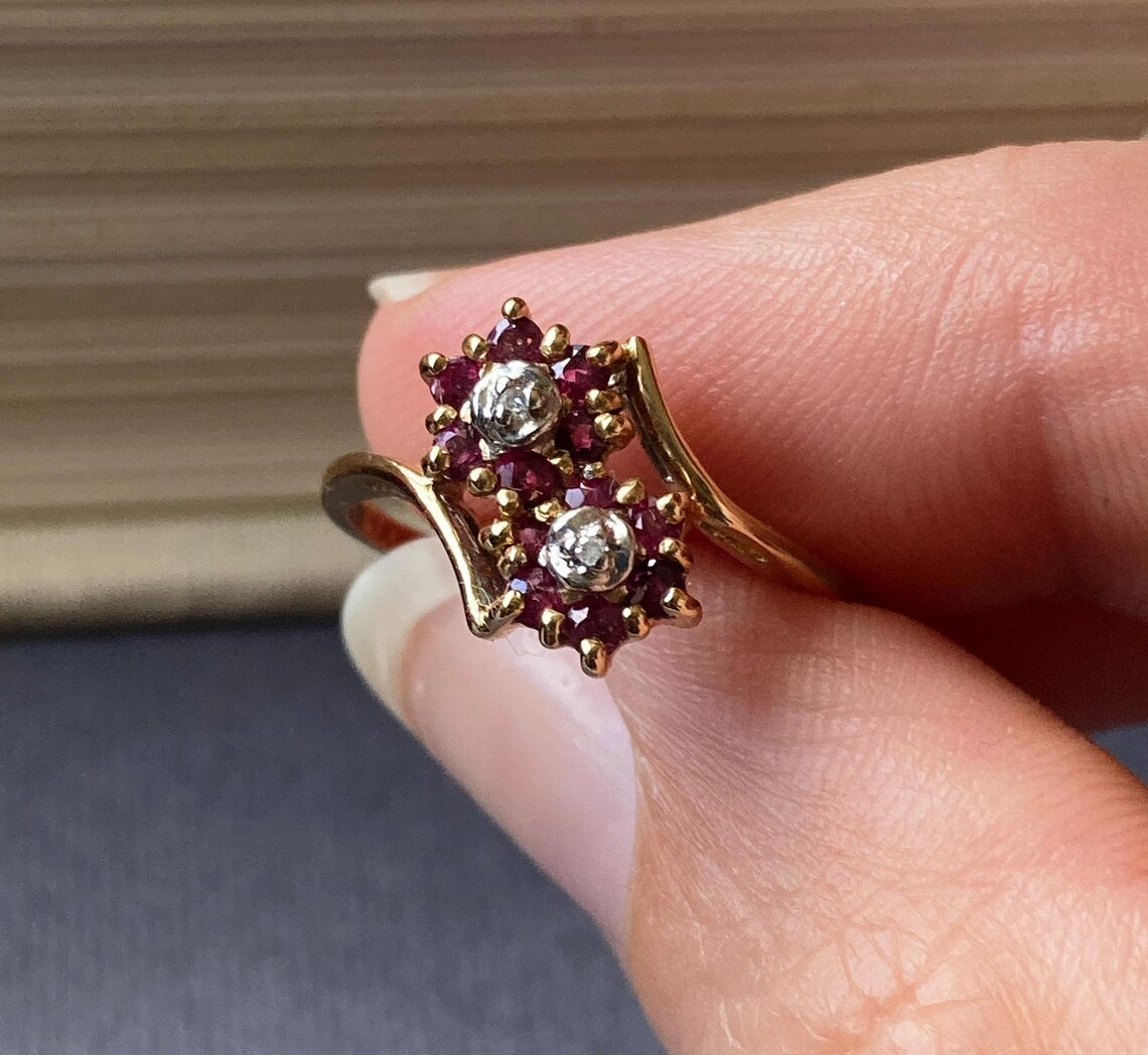 Vintage 10K Gold Ruby Diamond Flower Moi Et Toi Ring - Item Details in ...