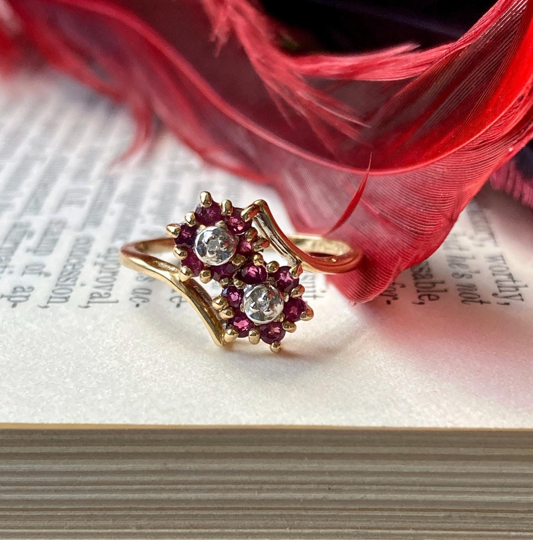 Vintage 10K Ruby Diamond Flower Moi Et Toi Gold Ring - Item Details in ...