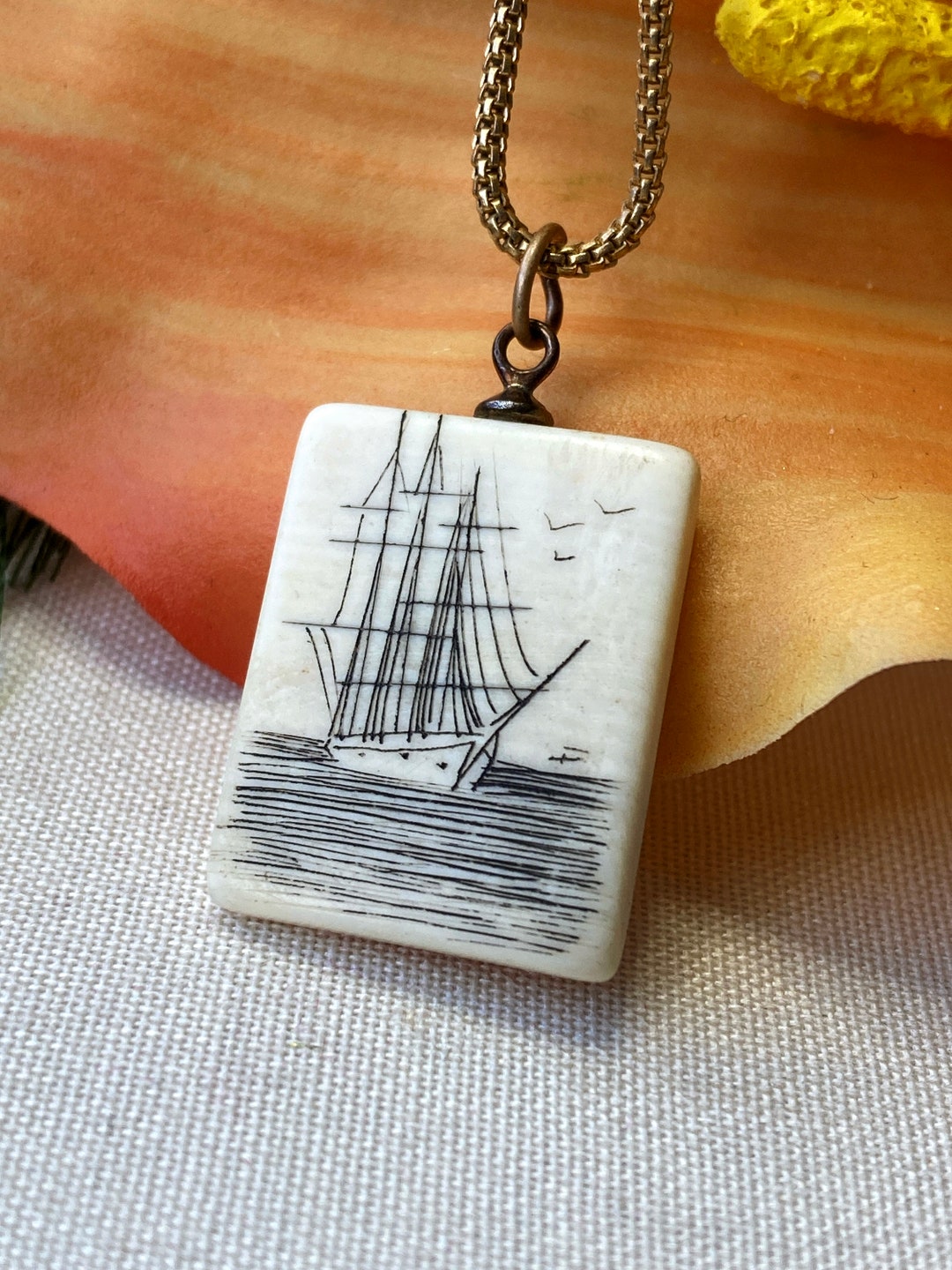 Vintage Ship Faux Scrimshaw Pendant Necklace Gold Filled Chain - Etsy