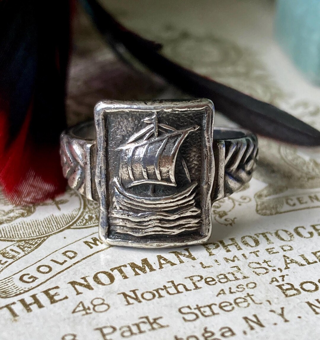 Antique Sterling Silver Sail Boat Adjustable Signet Ring - Read Details ...