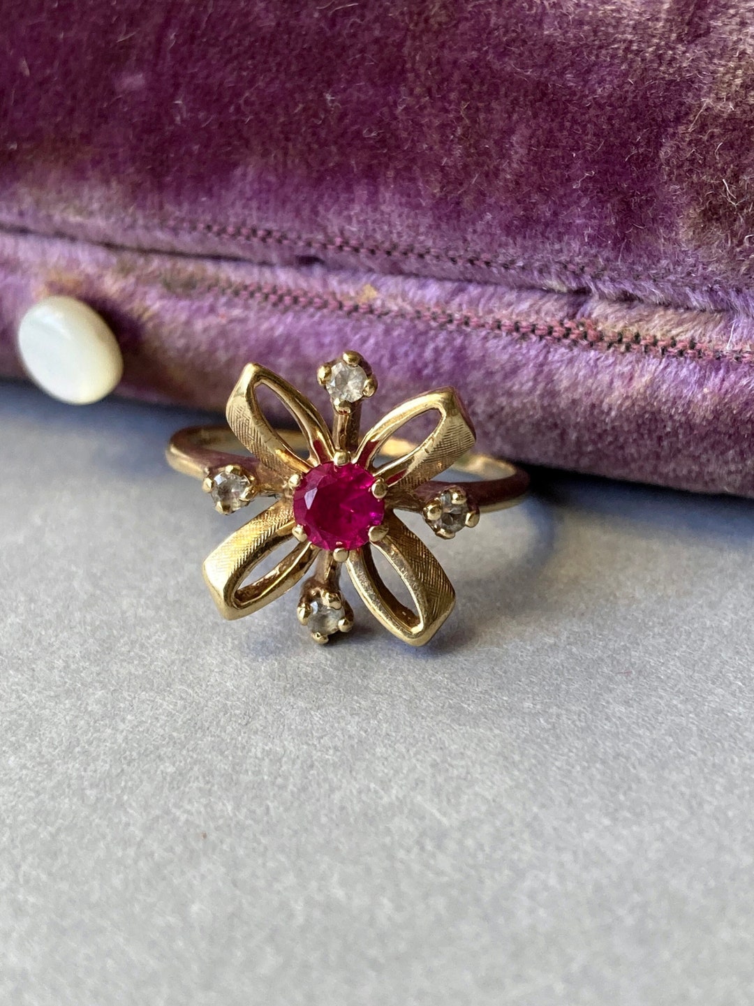 Vintage Ruby Flower 10K Gold Ring More Details in - Etsy