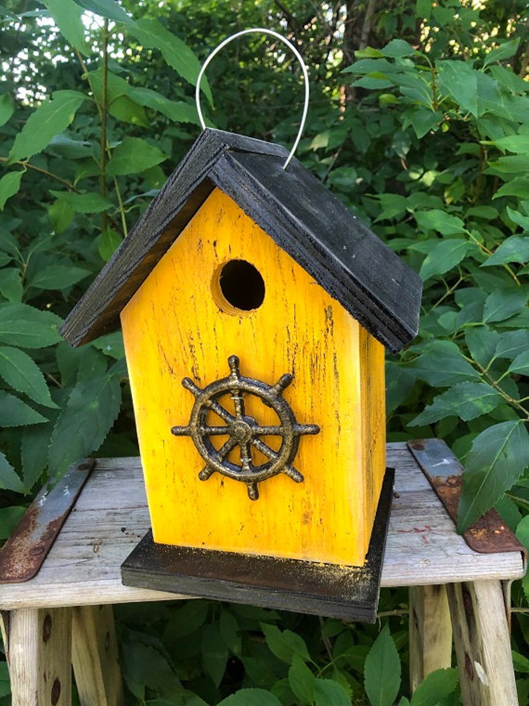 Rustic Primitive Birdhouse Metal Ships Wheel Outdoor Bird House - Etsy