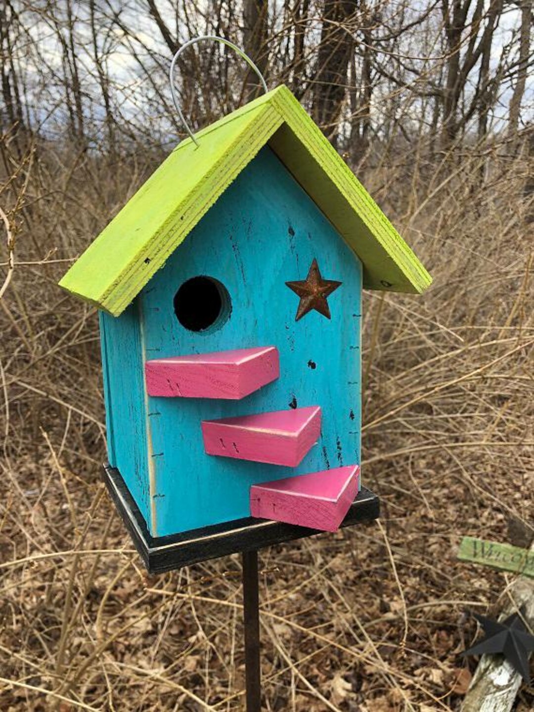 Rustic Primitive Birdhouse Triangle Steps Country Birdhouse Outdoor ...