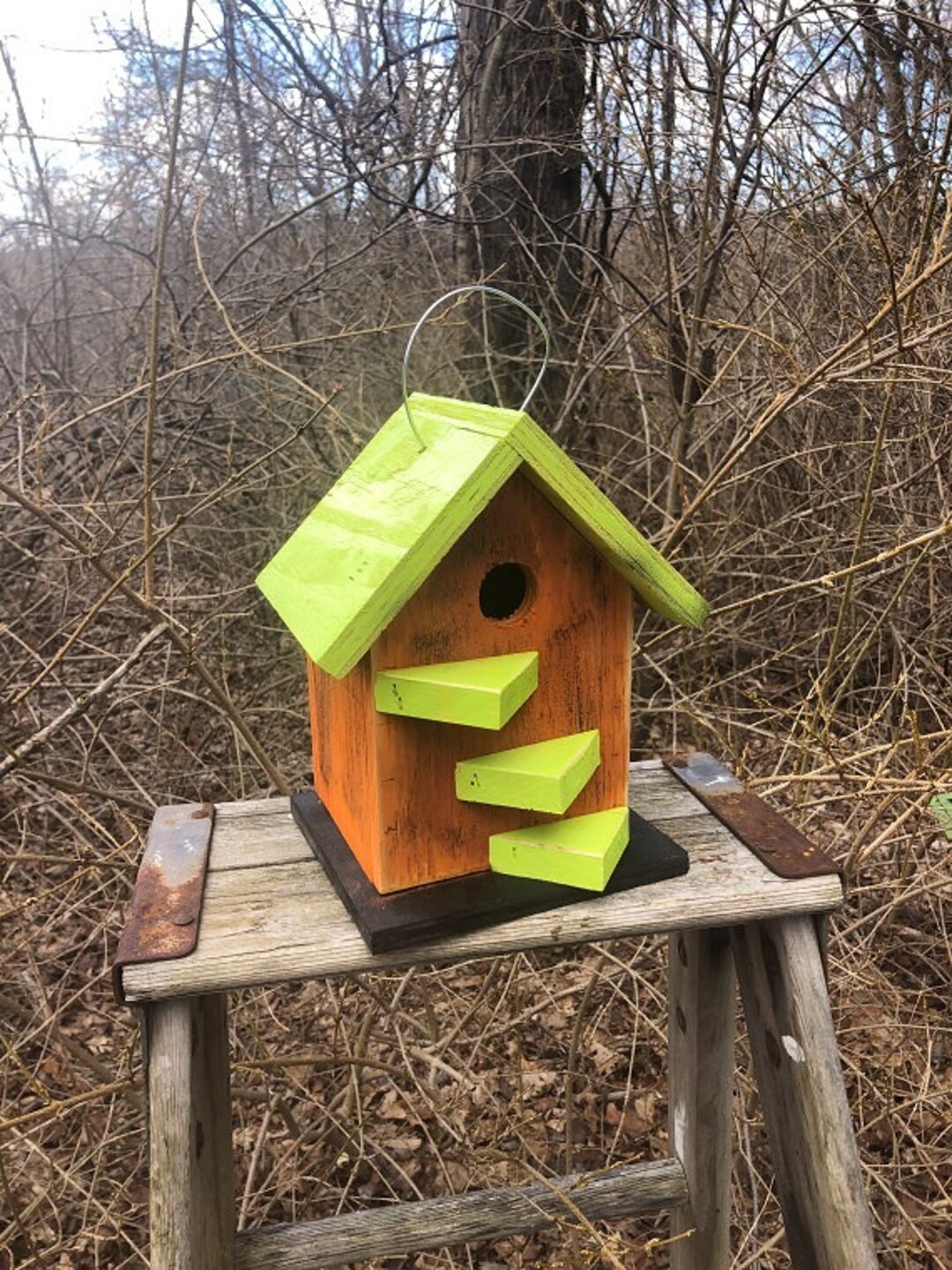 Rustic Primitive Birdhouse Triangle Steps Country Birdhouse Outdoor ...