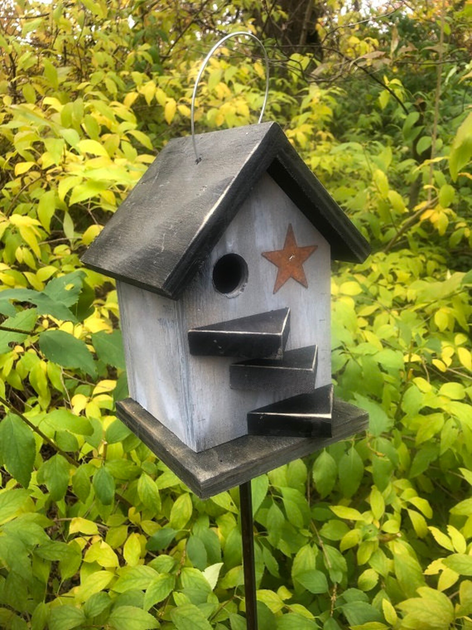Rustic Primitive Birdhouse Triangle Steps Country Birdhouse Outdoor ...