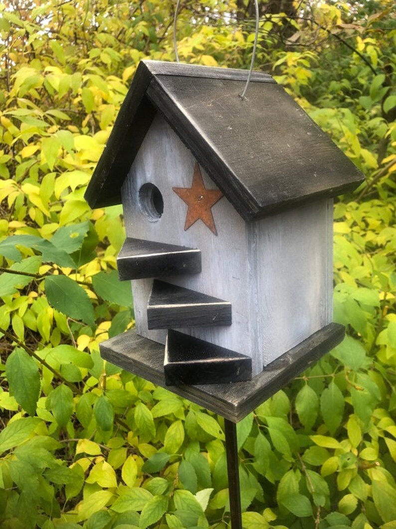 Rustic Primitive Birdhouse Triangle Steps Country Birdhouse Outdoor ...