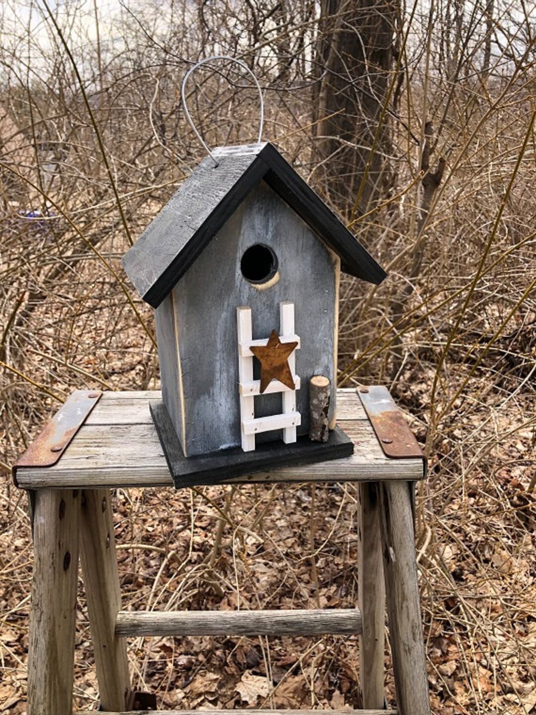 Rustic Primitive Birdhouse White Ladder Country Birdhouse Outdoor Bird ...