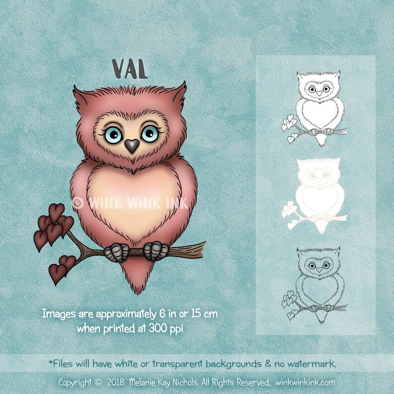 Digital Stamp Val Cute, Pink Owl With Hearts Perfect for Valentine's ...