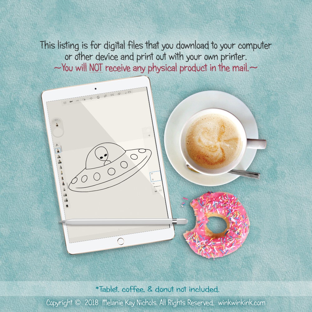 Digital Stamp Flying Saucer Alien UFO Printable Digi Image - Etsy