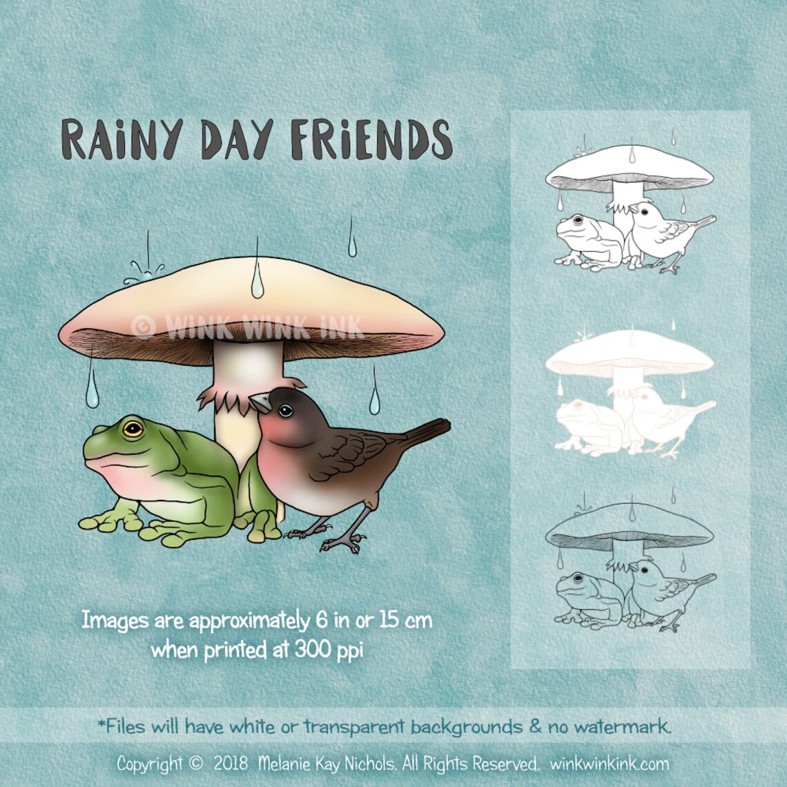 Digital Stamp - "rainy Day Friends" - Frog, Bird, and Mushroom - for ...