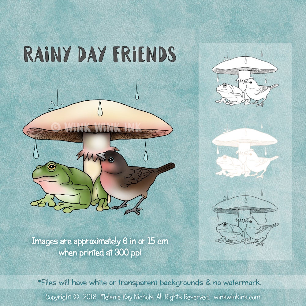 Digital Stamp - "rainy Day Friends" - Frog, Bird, and Mushroom - for ...
