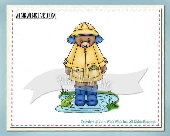 Digital stamp Rainy Day bear in raincoat and rubber boots | Etsy