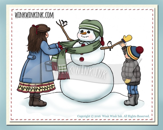 Digital Stamp Snow Friend Children building a snowman | Etsy