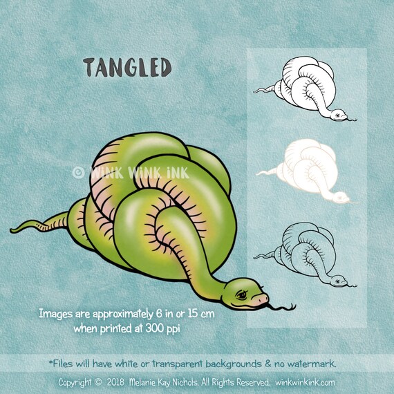 Digital Stamp Tangled Sad Green Snake Printable Digi Image | Etsy