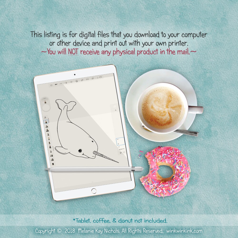 Digital Stamp narwhal Cute, Little Whale Illustration for Cards ...