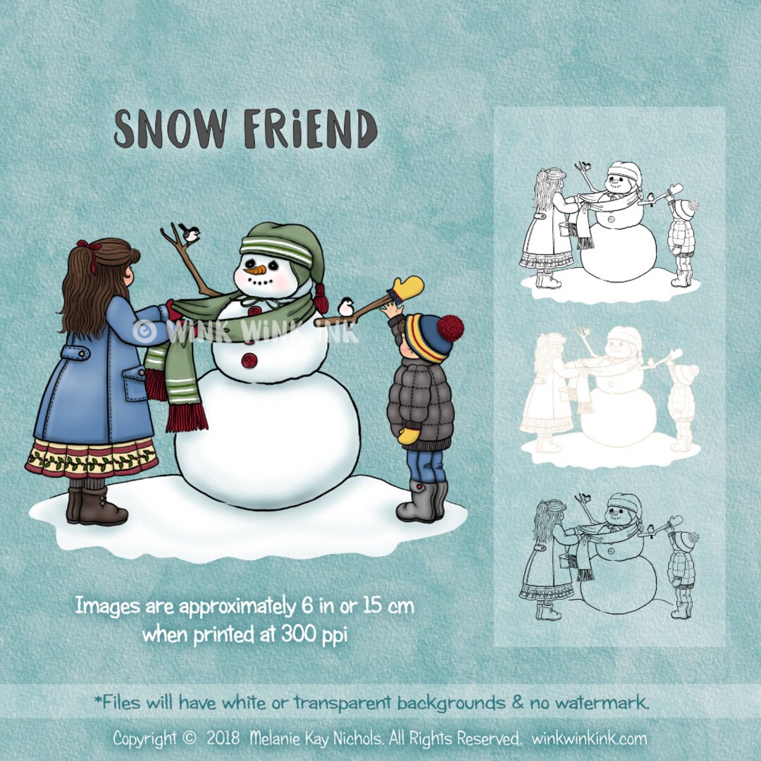 Digital Stamp Snow Friend Children Building a Snowman - Etsy