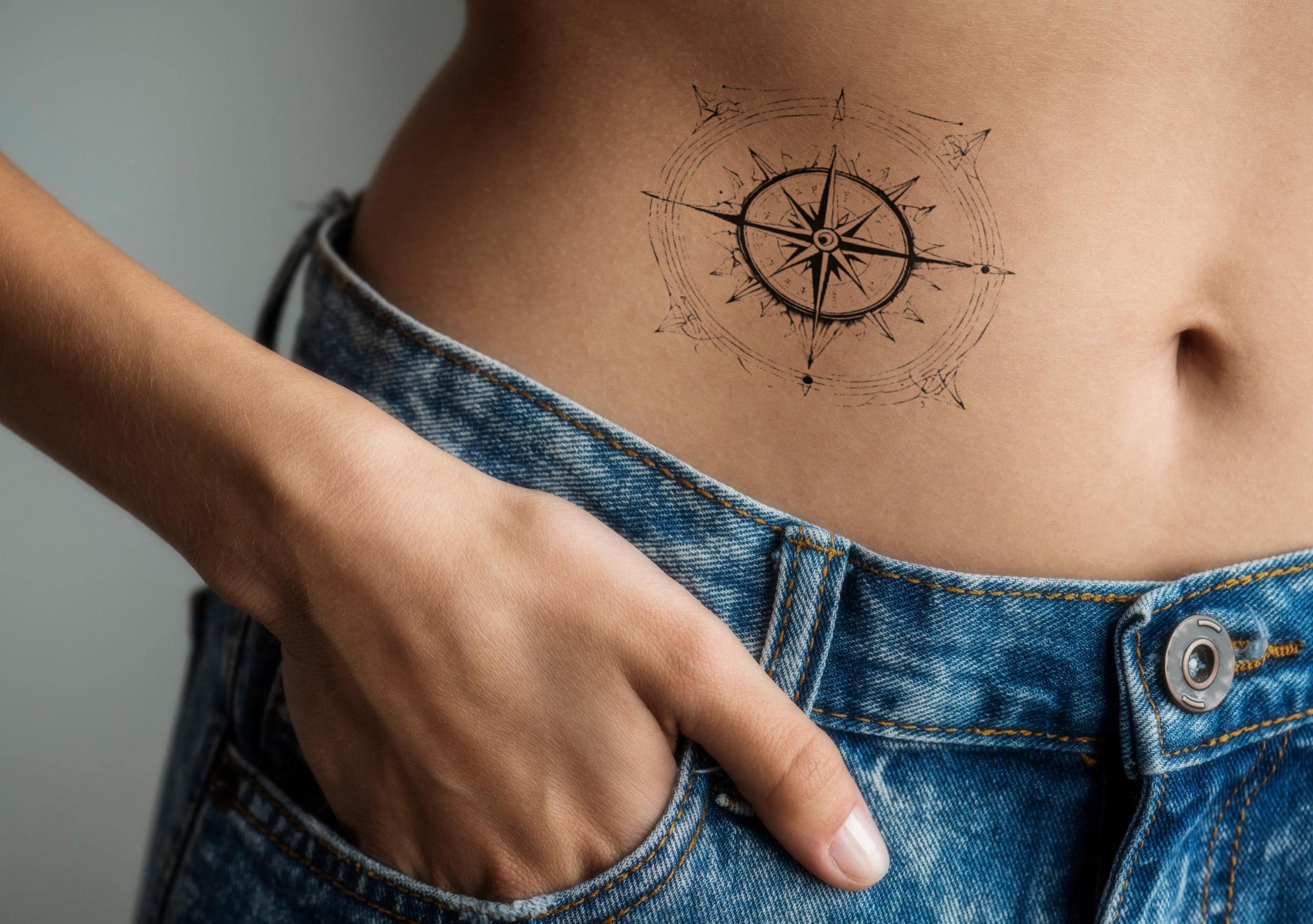 Fine Line Compass Tattoo, Black and White Direction Tattoo, Abstract ...