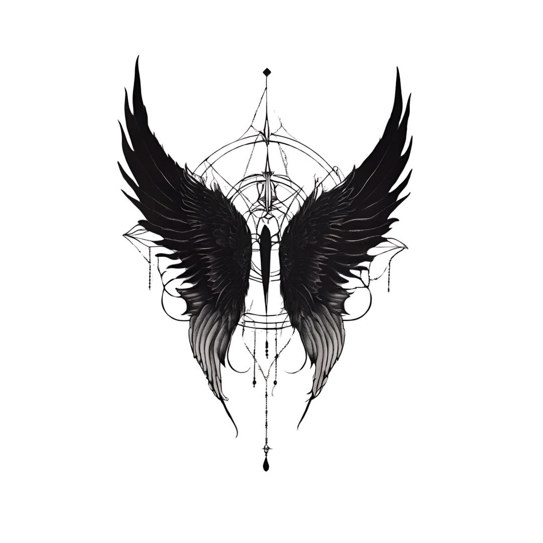 Gothic Angel Wings Tattoo, Elegant Black Ink Tattoo, Chained Feather ...