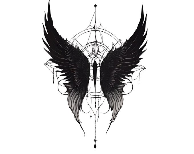 Gothic Angel Wings Tattoo, Elegant Black Ink Tattoo, Chained Feather ...