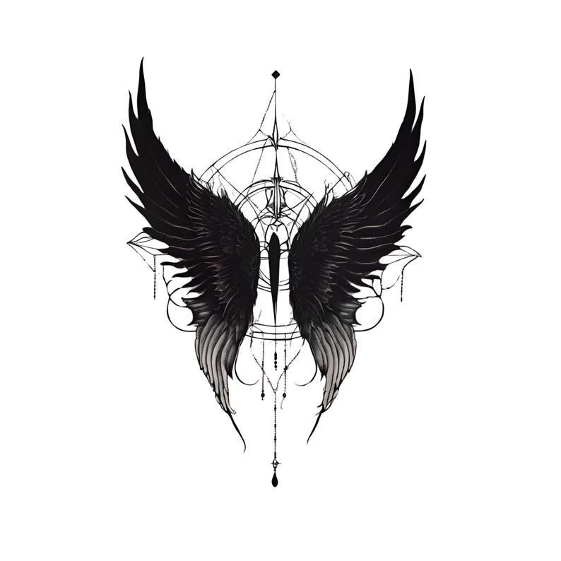 Gothic Angel Wings Tattoo, Elegant Black Ink Tattoo, Chained Feather ...