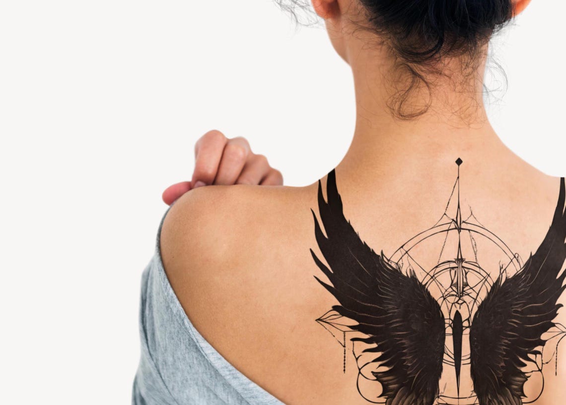 Gothic Angel Wings Tattoo, Elegant Black Ink Tattoo, Chained Feather ...